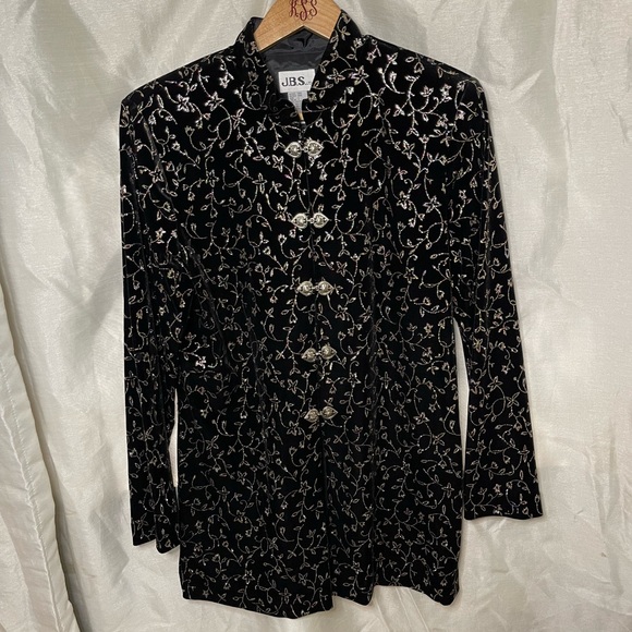 J.B.S. | Jackets & Coats | Vtg 9s Black Velvet Silver Glitter Floral ...